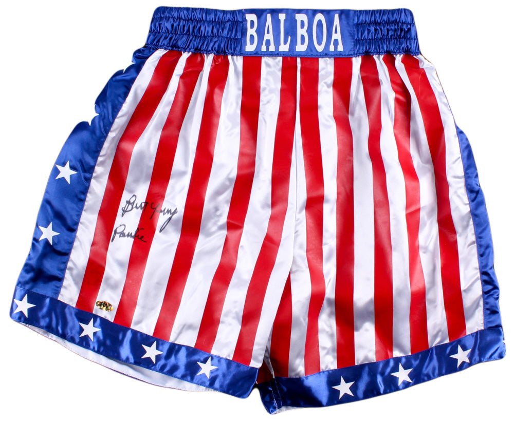 Burt Young Signed "Rocky" Boxing Trunks Inscribed "Paulie" (MAB Hologr ...